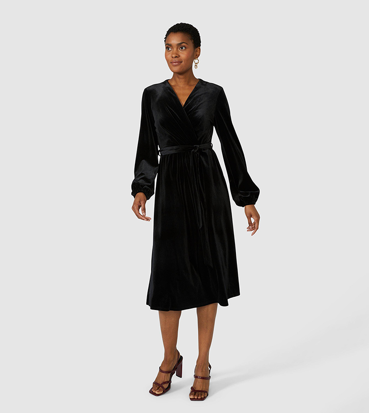 Buy Principles Velvet Wrap Midi Dress In Black | 6thStreet UAE