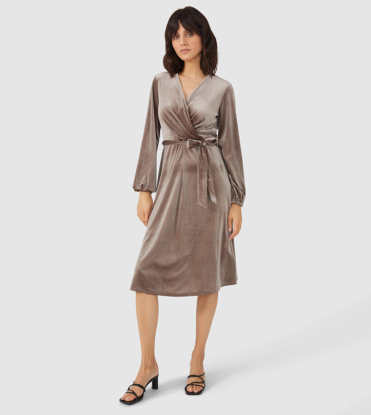 Buy Principles Velvet Wrap Midi Dress In Beige | 6thStreet Qatar