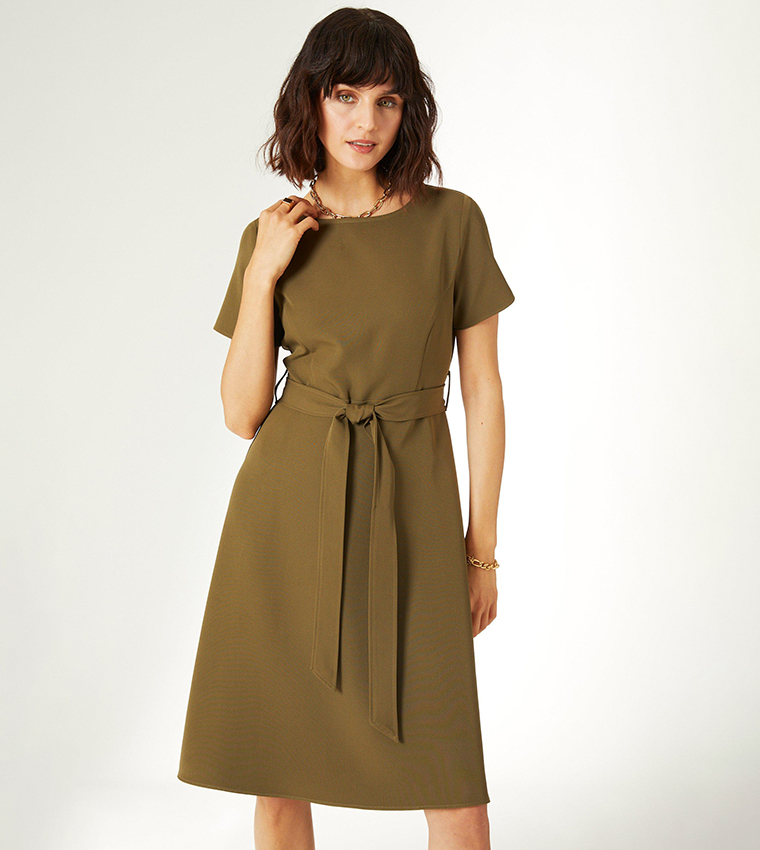 Buy Principles Belted Fit And Flare Smart Dress In Khaki | 6thStreet UAE