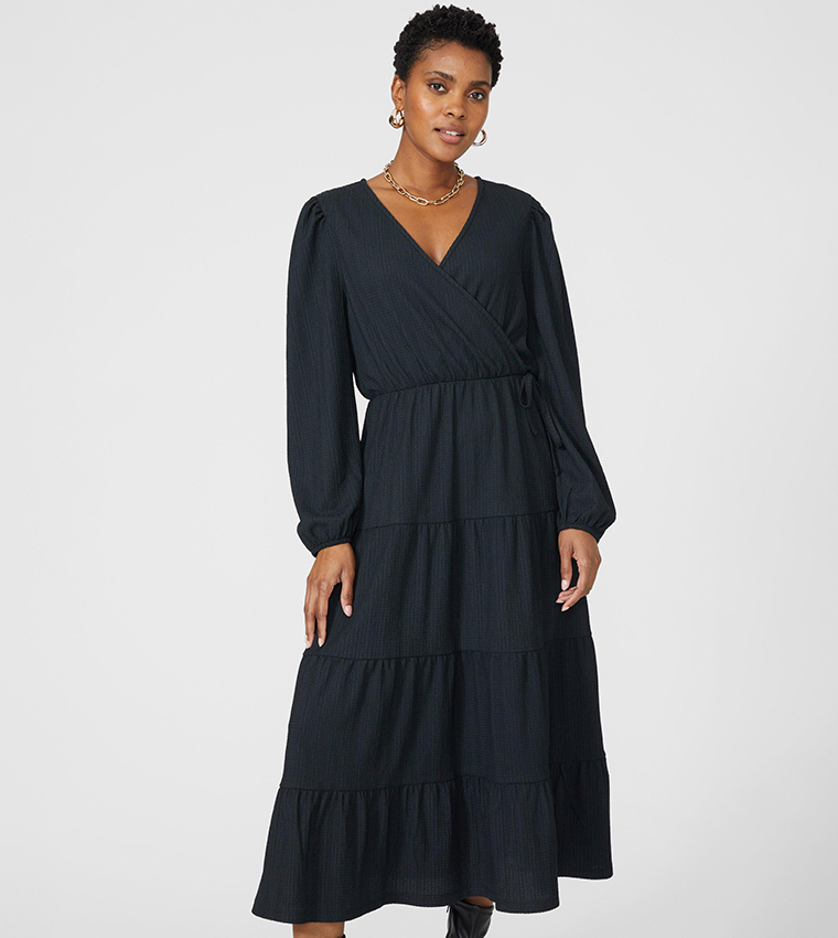 Buy Principles Textured Tiered Wrap Maxi Dress In Black | 6thStreet Qatar