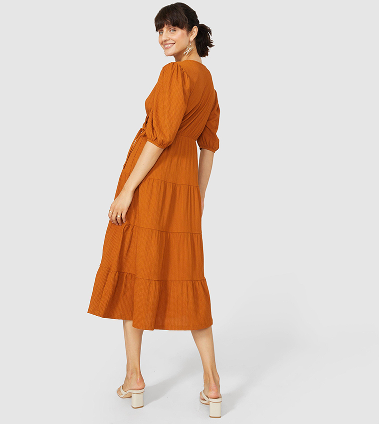 Buy Principles Textured Tiered Wrap Maxi Dress In Orange | 6thStreet UAE