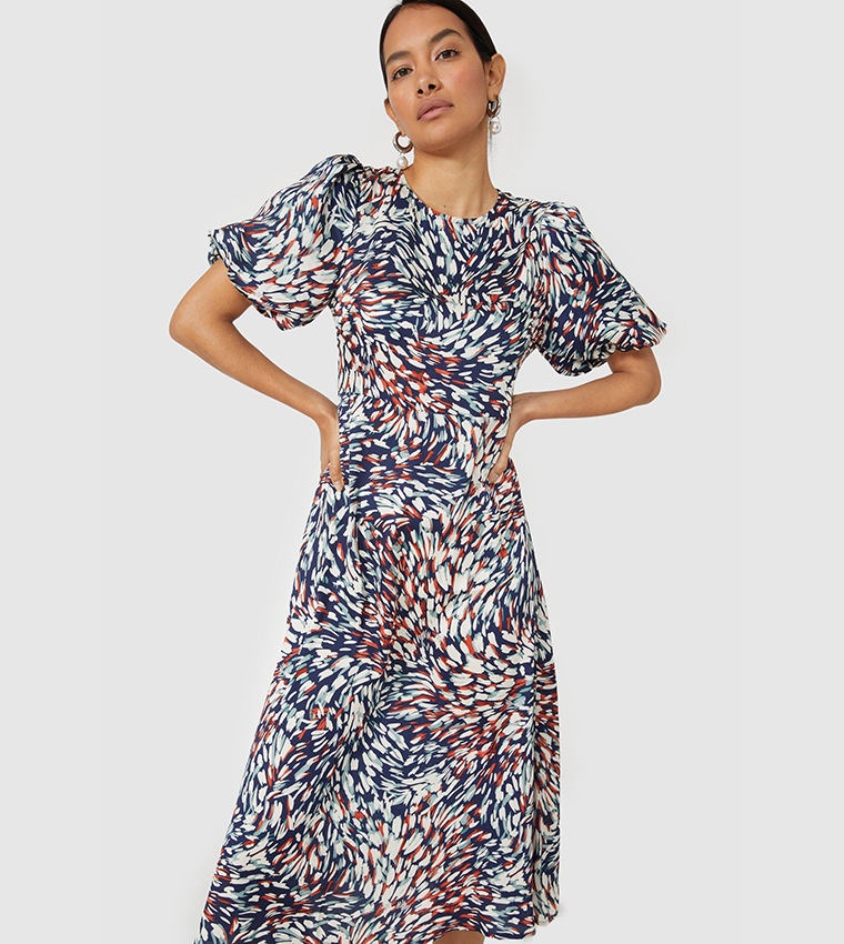 Buy Principles Animal Printed Puff Sleeves Midi Dress In Navy ...