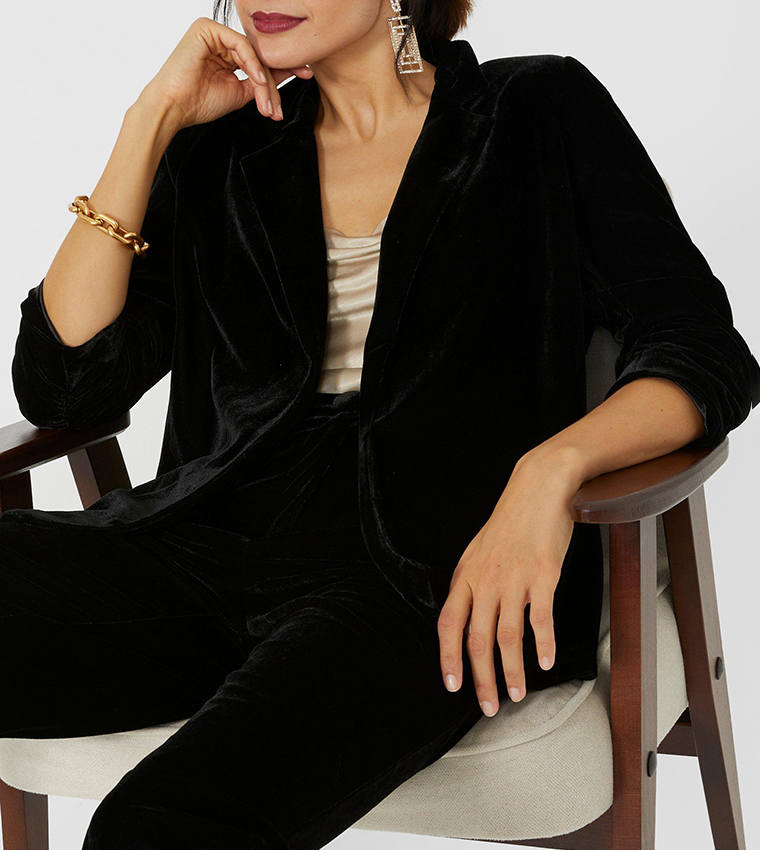 Buy Principles Velvet Edge To Edge Ruched Sleeves Blazer In Black ...