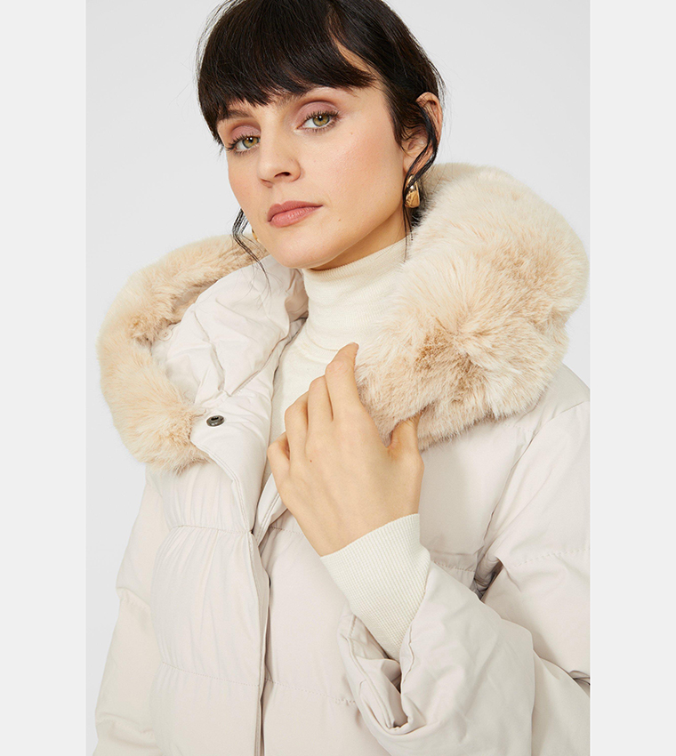 Buy Principles Fur Trim Longline Padded Coat In Beige | 6thStreet Kuwait