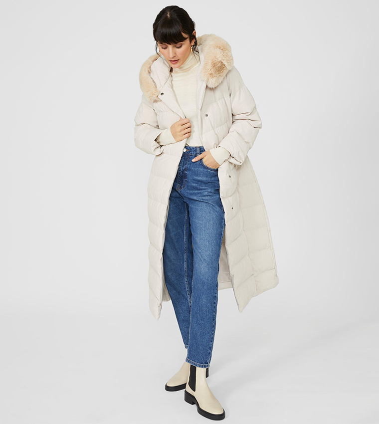 Buy Principles Fur Trim Longline Padded Coat In Beige | 6thStreet Kuwait