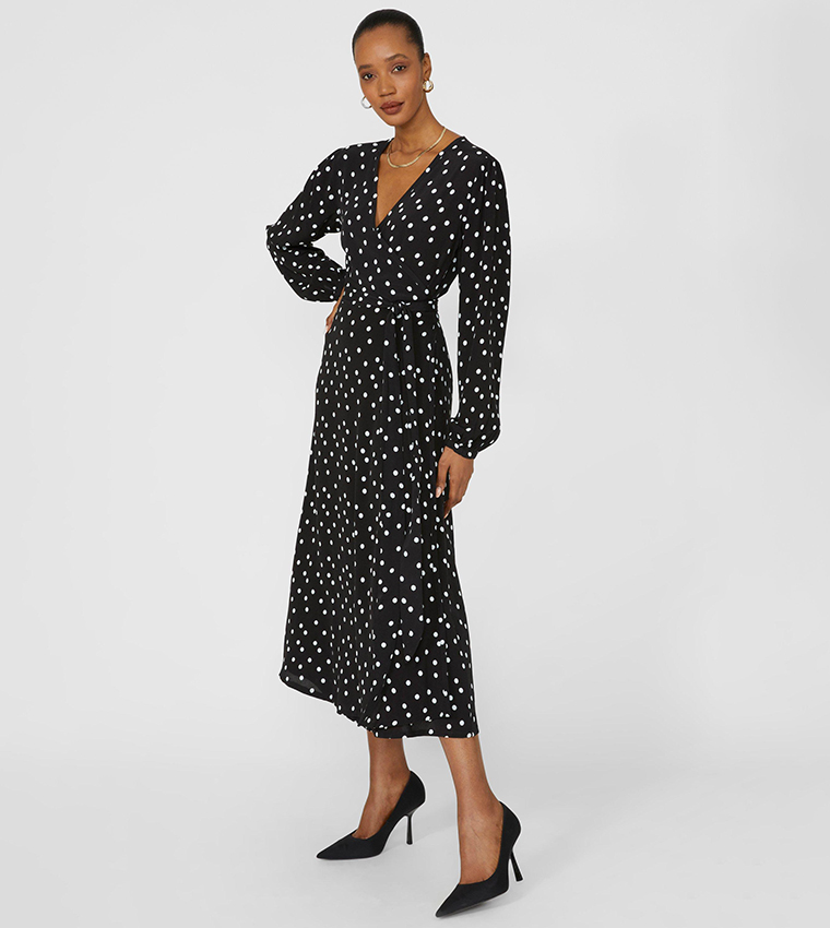Buy Principles Spot Printed Wrap Fit And Flare Midi Dress In Black ...