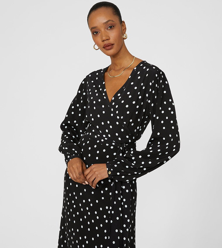 Buy Principles Spot Printed Wrap Fit And Flare Midi Dress In Black ...