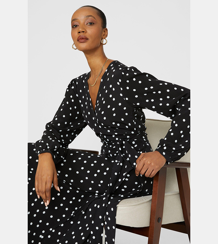 Buy Principles Spot Printed Wrap Fit And Flare Midi Dress In Black ...