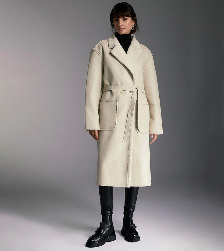 Buy Principles Belted Faux Shearling Longline Coat In Beige | 6thStreet ...