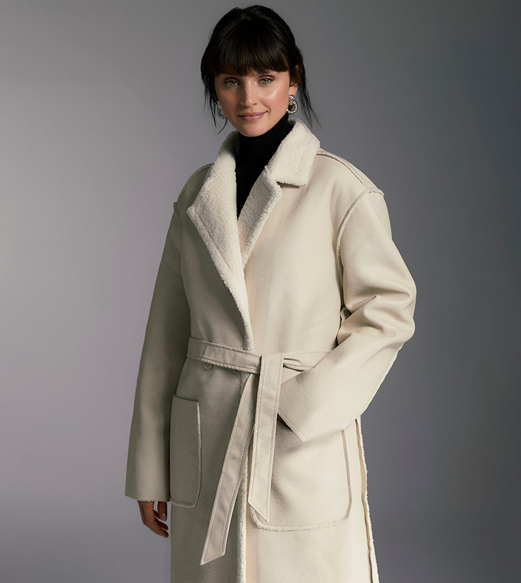 Buy Principles Belted Faux Shearling Longline Coat In Beige | 6thStreet ...
