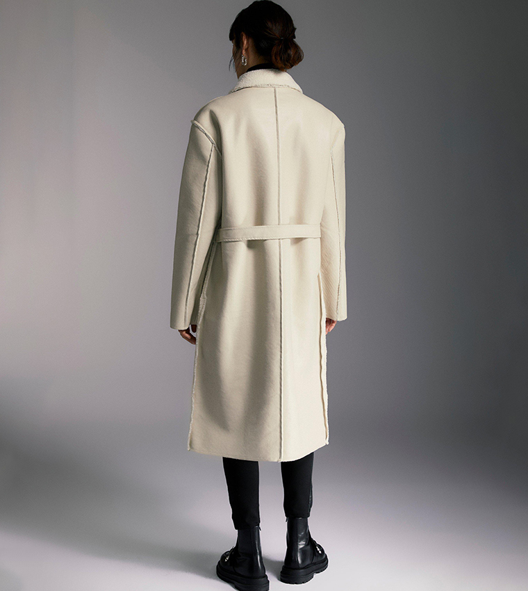 Buy Principles Belted Faux Shearling Longline Coat In Beige | 6thStreet ...