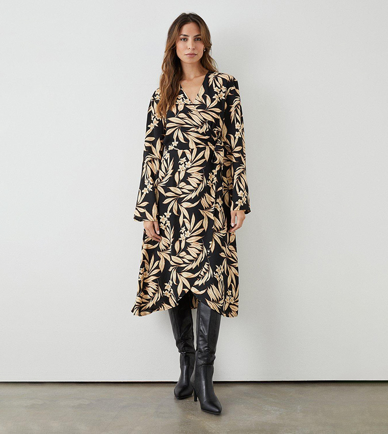 Buy Principles Leaf Patterned Wrap Dress In Black | 6thStreet UAE