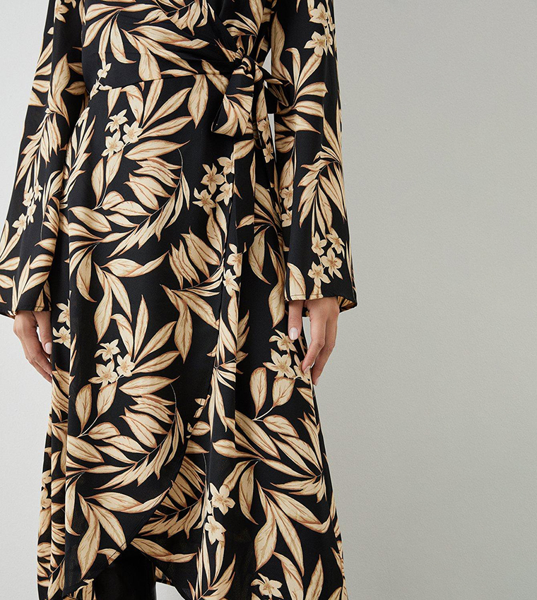 Buy Principles Leaf Patterned Wrap Dress In Black | 6thStreet UAE