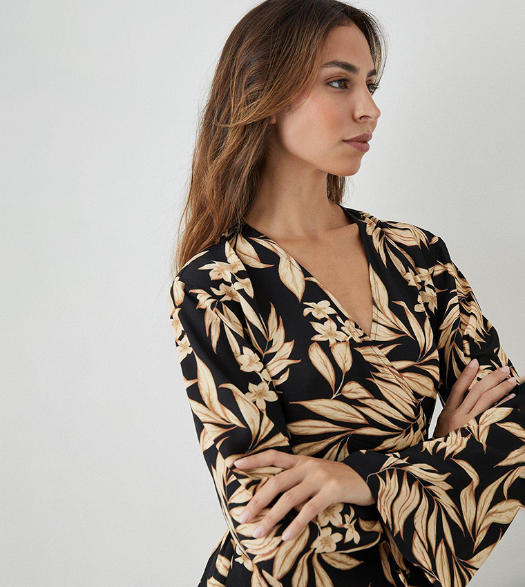 Buy Principles Leaf Patterned Wrap Dress In Black | 6thStreet UAE