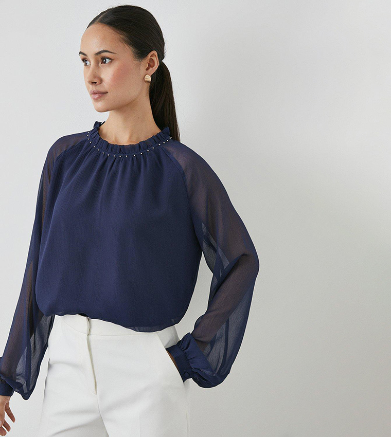 Buy Principles Embellished Ruched Neck Top In Navy | 6thStreet UAE