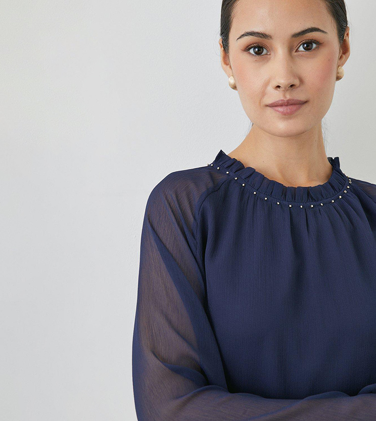 Buy Principles Embellished Ruched Neck Top In Navy | 6thStreet UAE