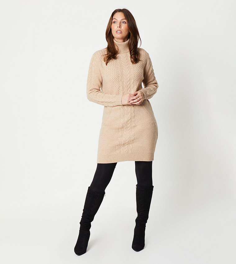 Buy Principles Cable Detail Roll Neck Dress In Beige | 6thStreet Kuwait