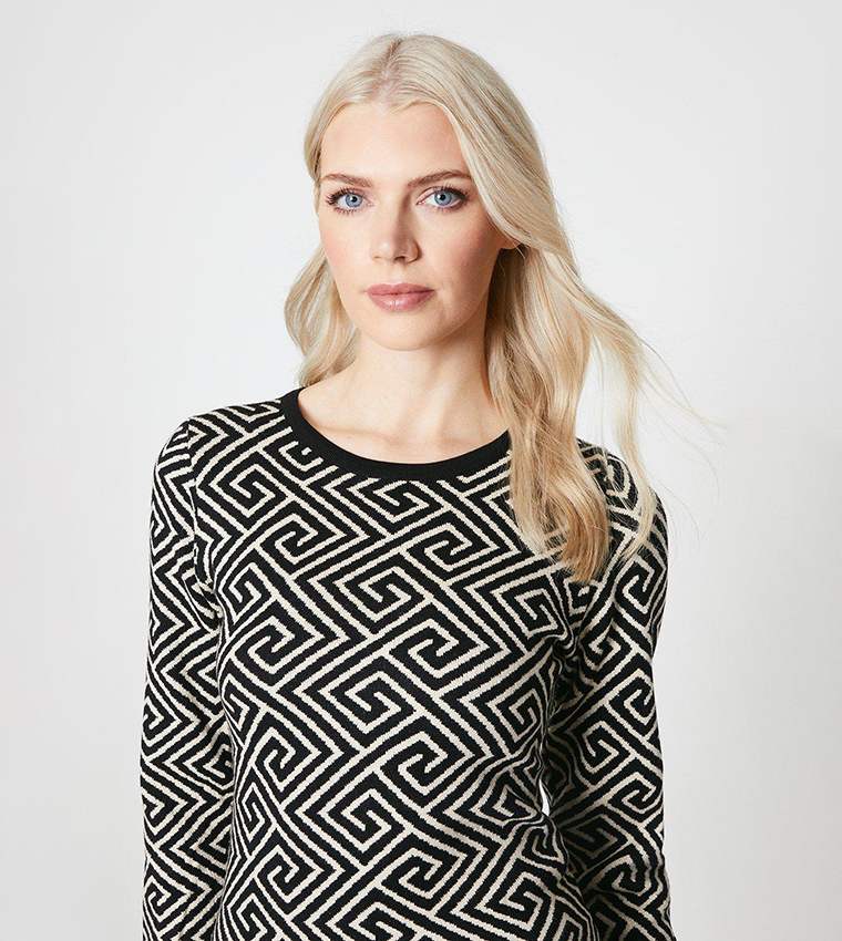 Buy Principles Geometric Print Crew Neck Bodycon Dress In Black ...