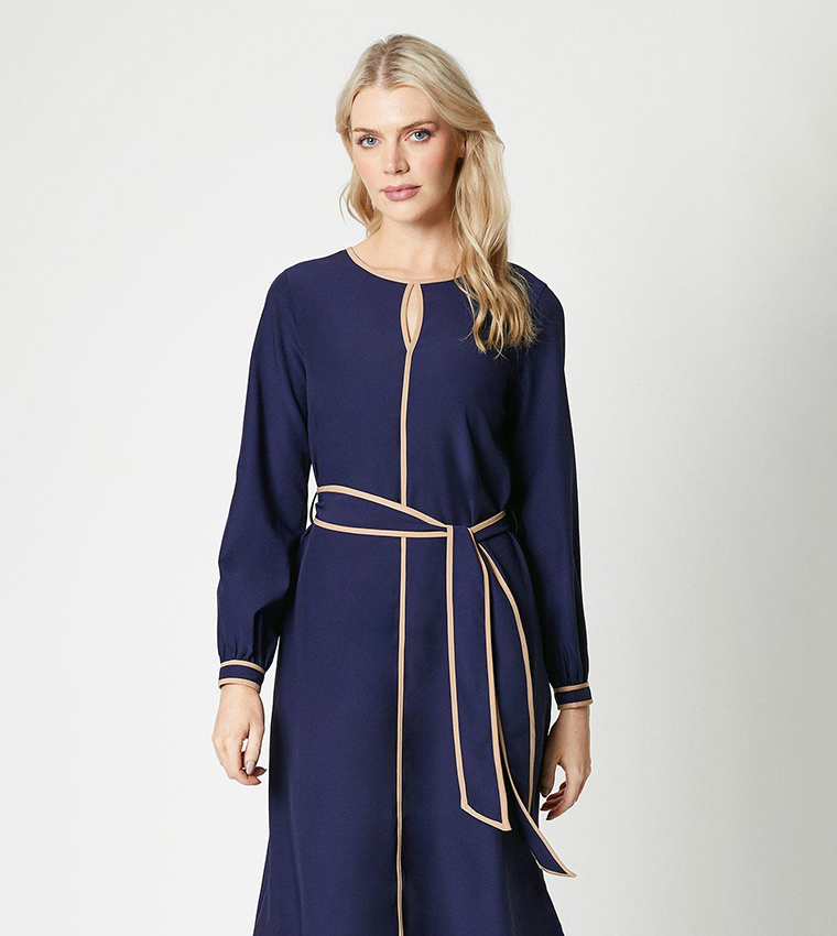 Buy Principles Premium Contrast Piping Belted Midi Dress In Navy ...