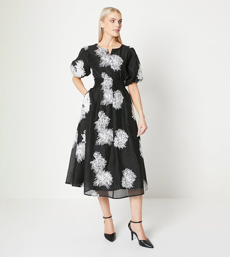 Buy Principles Puff Sleeves Embroidered Midi Dress In Black | 6thStreet ...