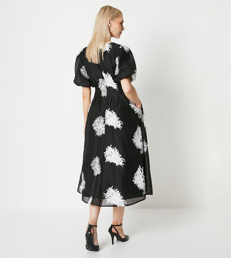 Buy Principles Puff Sleeves Embroidered Midi Dress In Black | 6thStreet ...