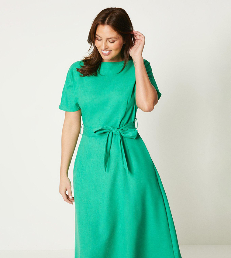 Buy Principles Belted Linen Blend Shift Dress In Green | 6thStreet Qatar