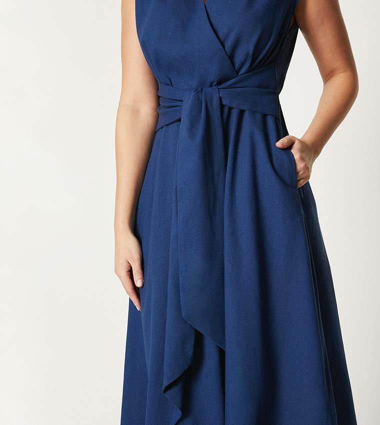 Buy Principles Linen Blend Belted Midi Dress In Blue | 6thStreet UAE