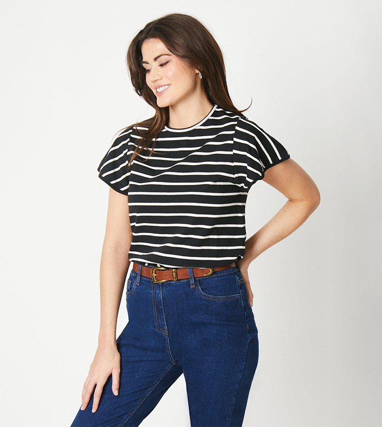 Buy Principles Striped Flutter Sleeves Jersey Top In Black | 6thStreet ...