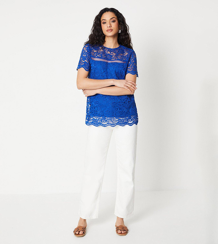 Buy Principles Lace Jersey Short Sleeves Top In Navy | 6thStreet UAE