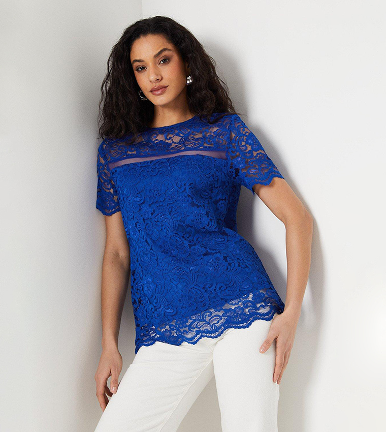 Buy Principles Lace Jersey Short Sleeves Top In Navy | 6thStreet UAE