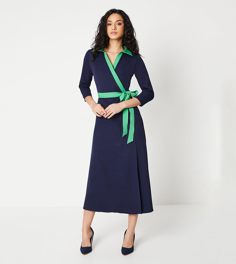 Buy Principles Contrast Trim Wrap Dress In Navy | 6thStreet Kuwait