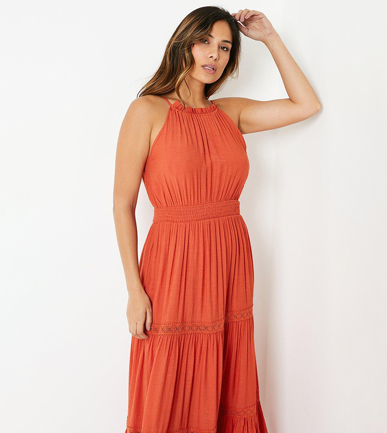 Buy Principles Shirred Waist Tiered Maxi Dress In Orange | 6thStreet Qatar