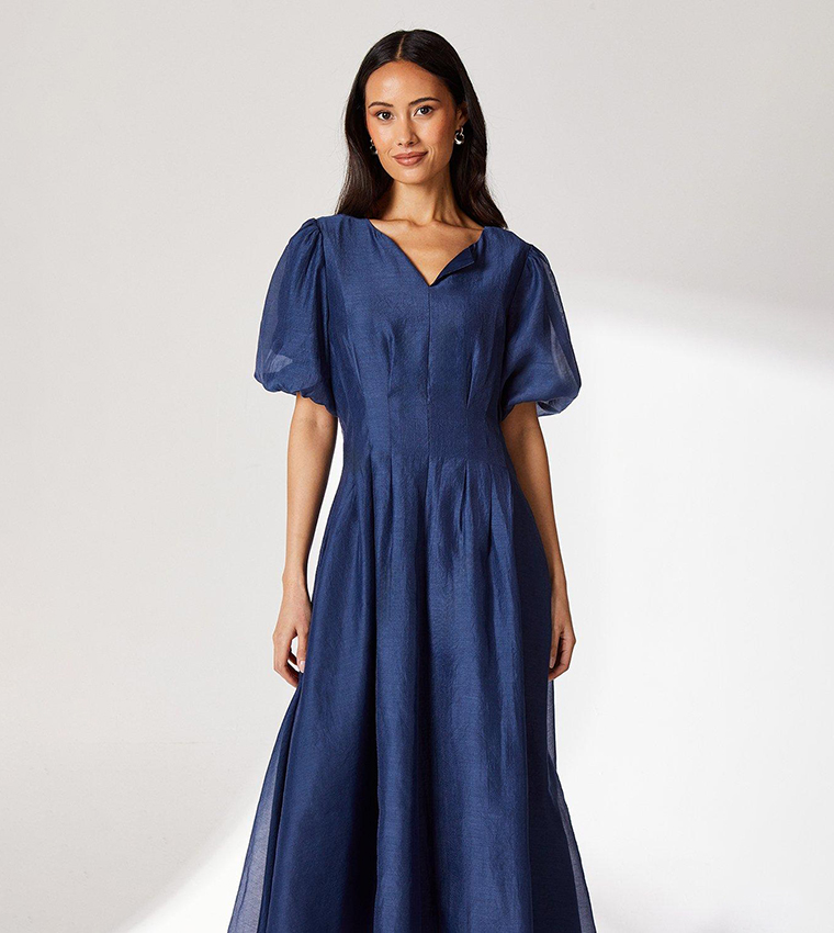 Buy Principles Pleat Waist Organza Midi Dress In Blue | 6thStreet UAE