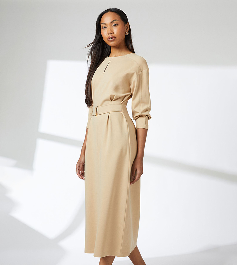 Buy Principles Keyhole Stitch Detail Ponte Midi Dress In Camel ...
