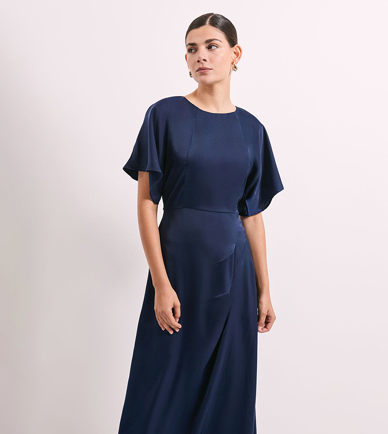 Buy Principles Solid Flutter Sleeves Satin Midi Dress In Navy ...