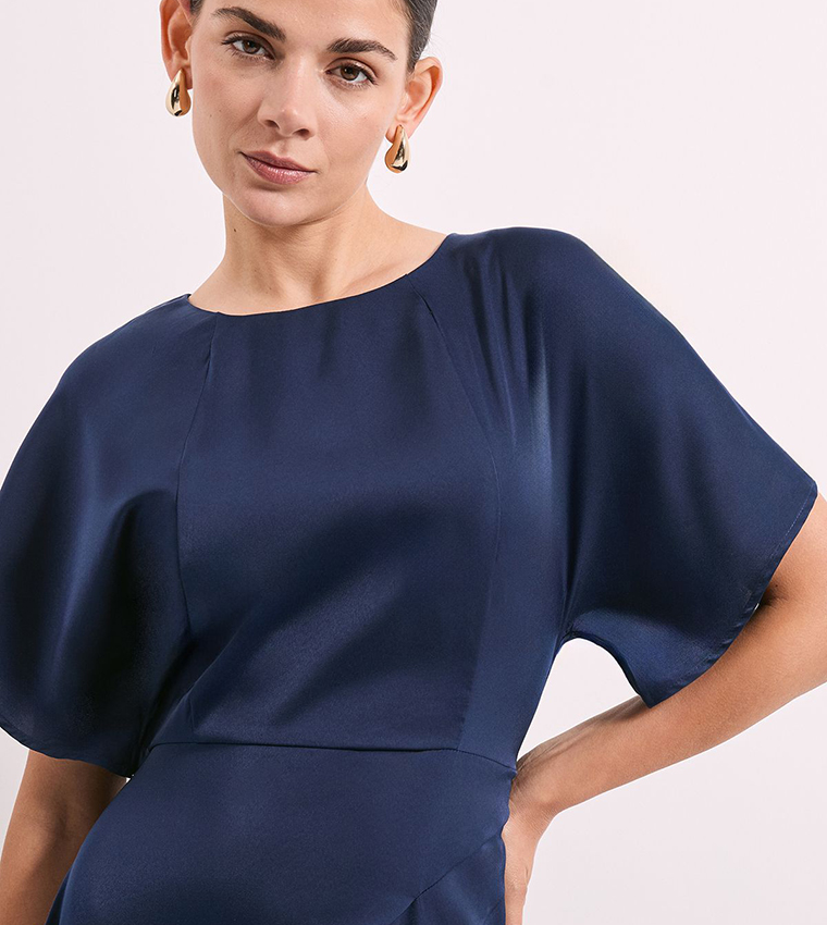 Buy Principles Solid Flutter Sleeves Satin Midi Dress In Navy ...