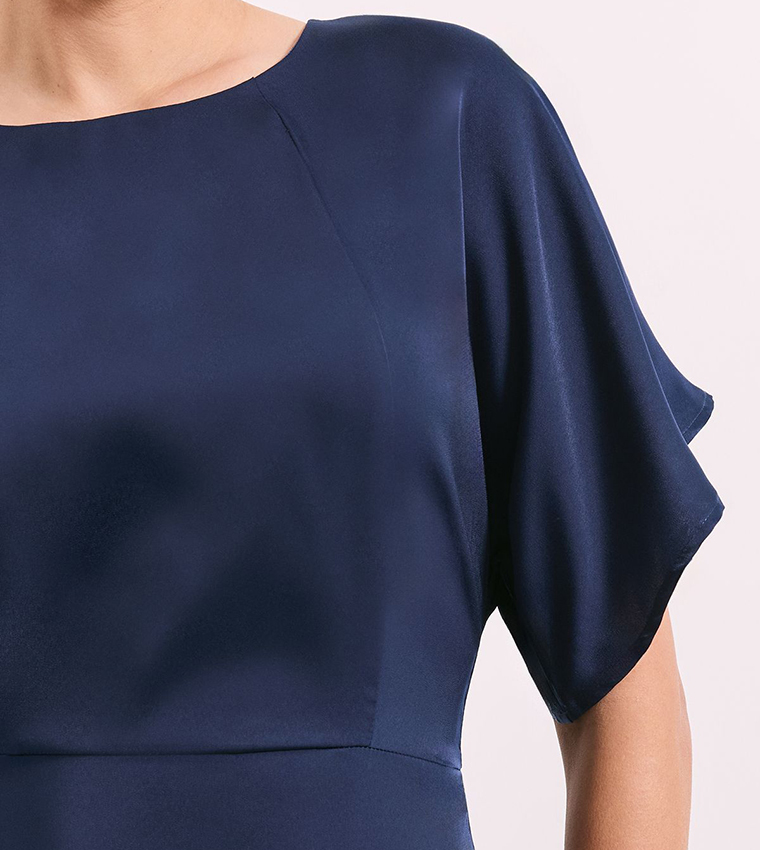 Buy Principles Solid Flutter Sleeves Satin Midi Dress In Navy ...