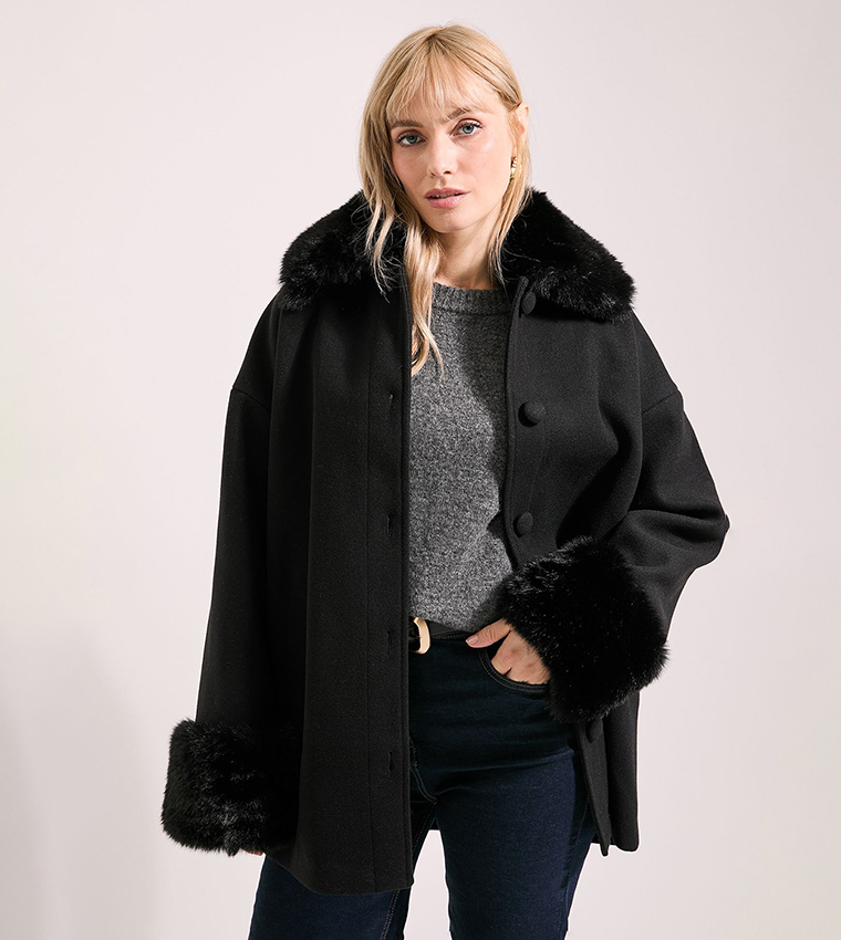 Buy Principles Fur Trim Barn Coat In Black | 6thStreet Bahrain