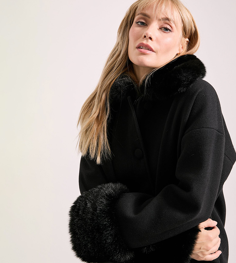 Buy Principles Fur Trim Barn Coat In Black | 6thStreet Bahrain
