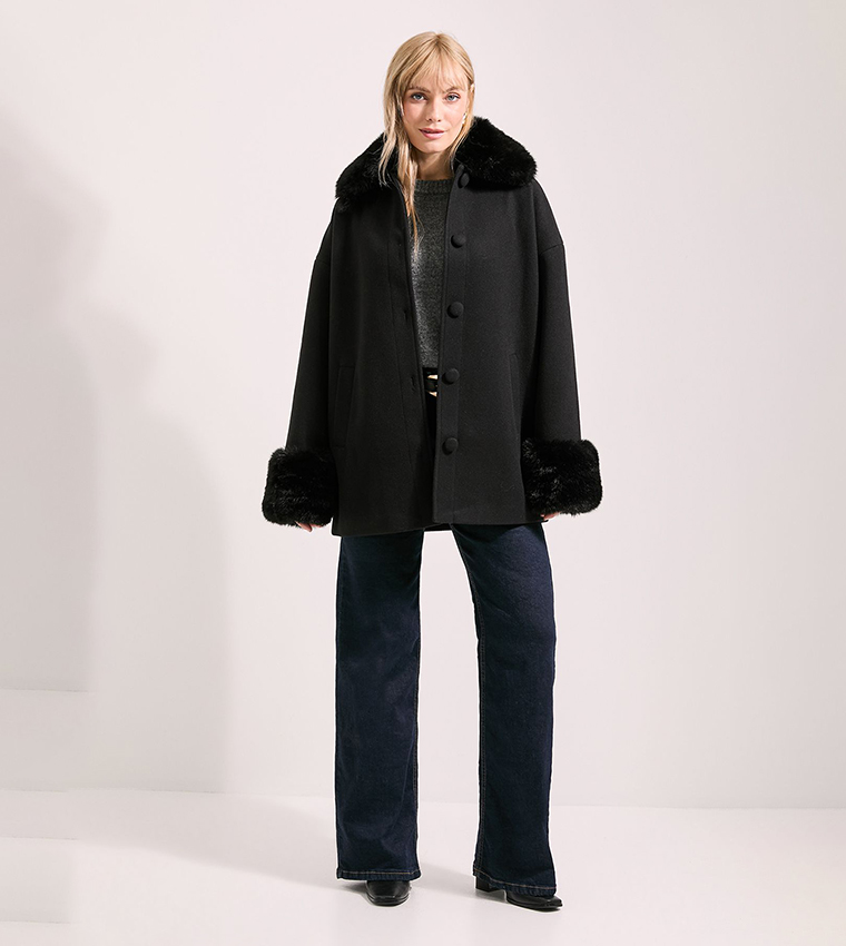 Buy Principles Fur Trim Barn Coat In Black | 6thStreet Bahrain