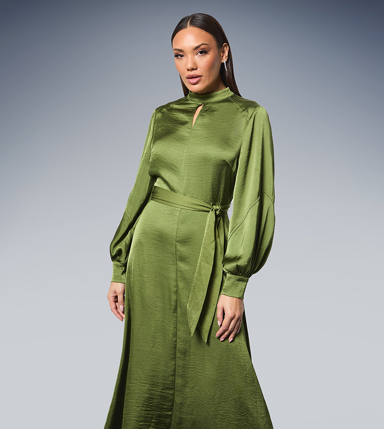 Buy Principles Belted High Neck Satin Midi Dress In Green | 6thStreet Qatar