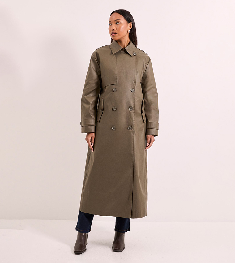 Buy Wallis A Line Inverted Box Pleat Back Mac Coat In DARK OLIVE ...