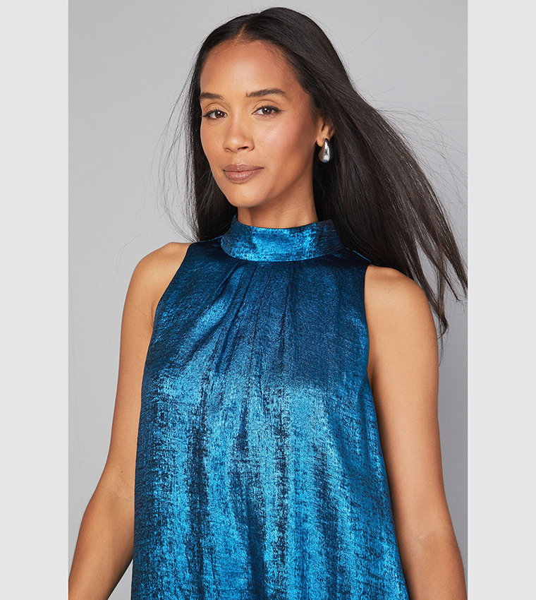 Buy Principles Halterneck Pleated Lame Midaxi Dress In Blue | 6thStreet UAE