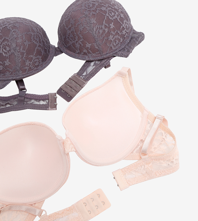 Buy R&B Set Of 2 Lace Detail Plunge Bra With Bow Applique Pink In Pink ...