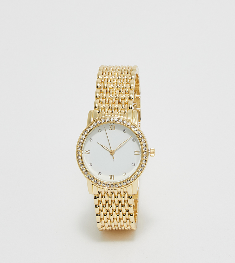 Buy R&B Iconic Stone Studded Watch In Gold | 6thStreet Oman