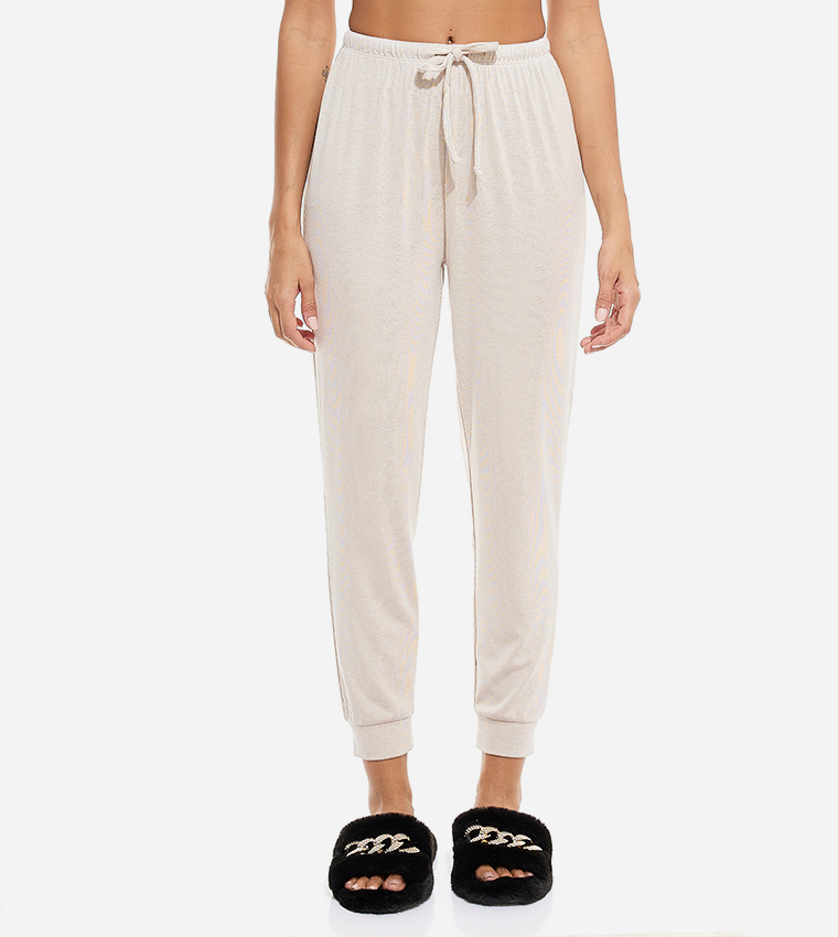 Buy R&B Solid Lounge Pants With Drawstring Waist In Beige | 6thStreet Oman