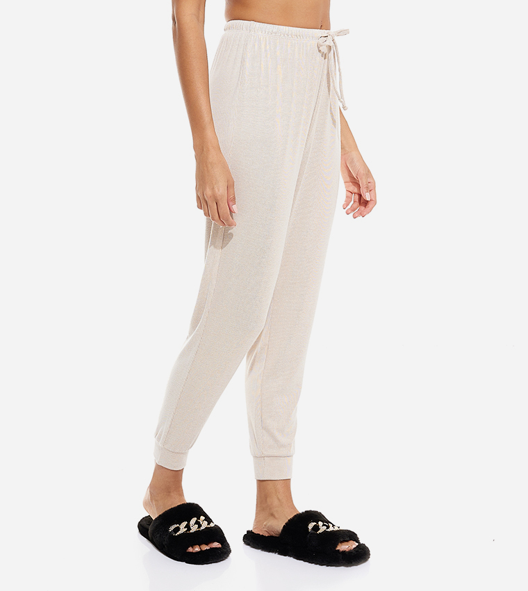 Buy R&B Solid Lounge Pants With Drawstring Waist In Beige | 6thStreet Oman