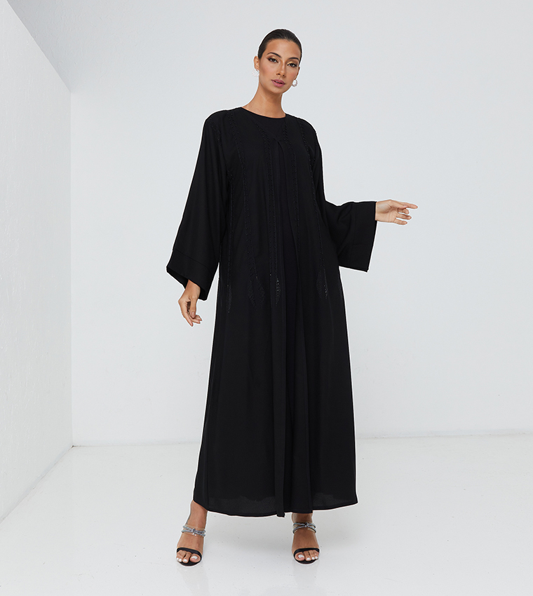Buy Roza Abaya Black Laise And Black Silver Rashem Hand Work Full Body ...