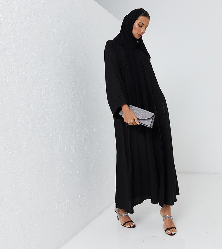 Buy Roza Abaya Black Laise And Black Silver Rashem Hand Work Full Body ...