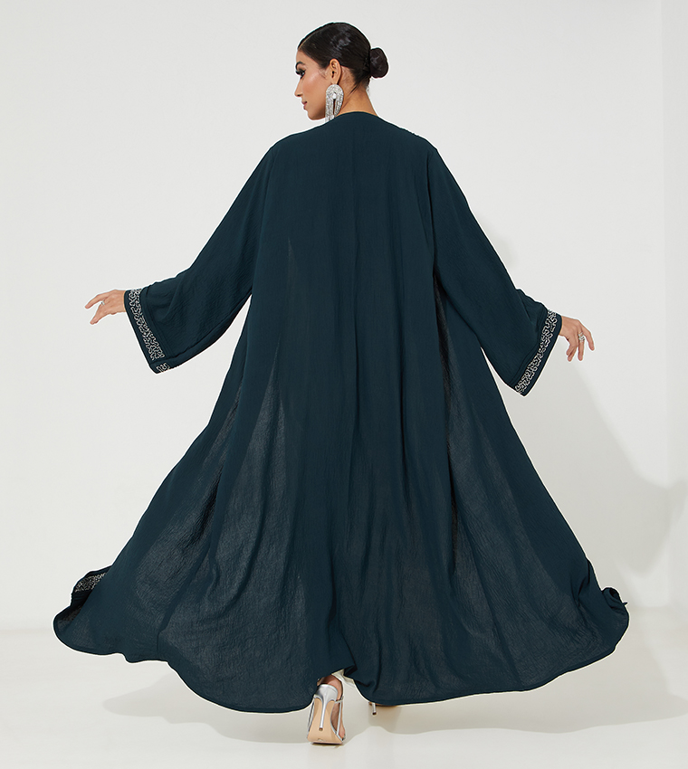 Buy Roza Abaya Stone Embellished Flared Abaya With Inner Dress In Green ...